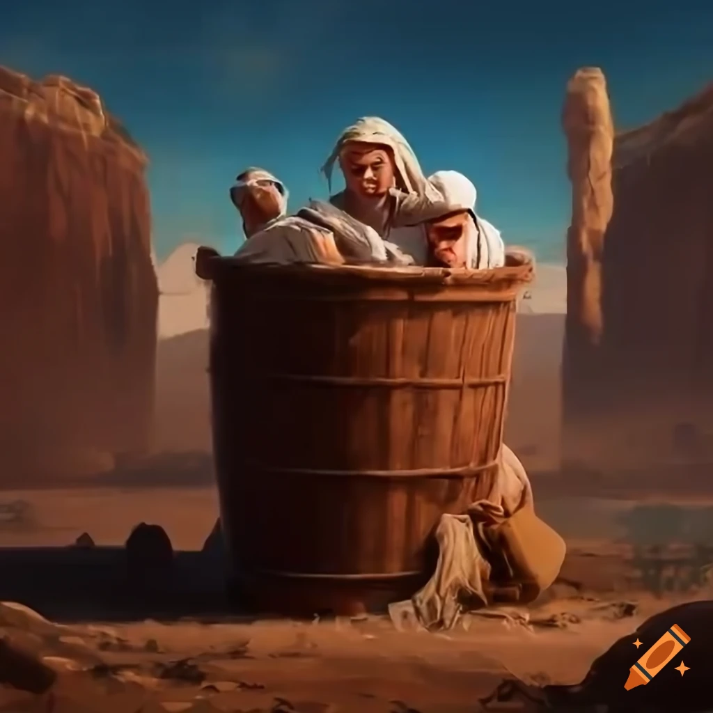 Realistic representation of bucket people in front of their bucket farm ...