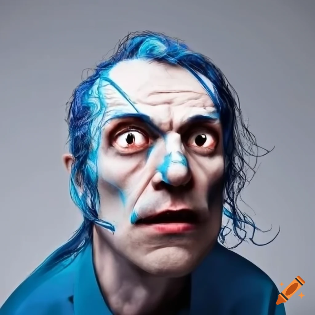 Deranged man in blue shirt white background on Craiyon