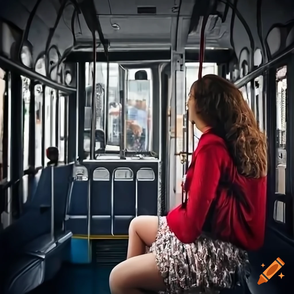 Hyper-realistic front-facing portrait of a young woman on-an-empty-bus ...