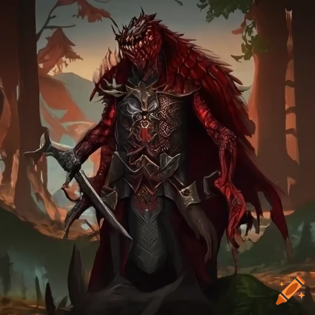 Black and red dragonborn in forest with cloak wealding dule ended blade on Craiyon