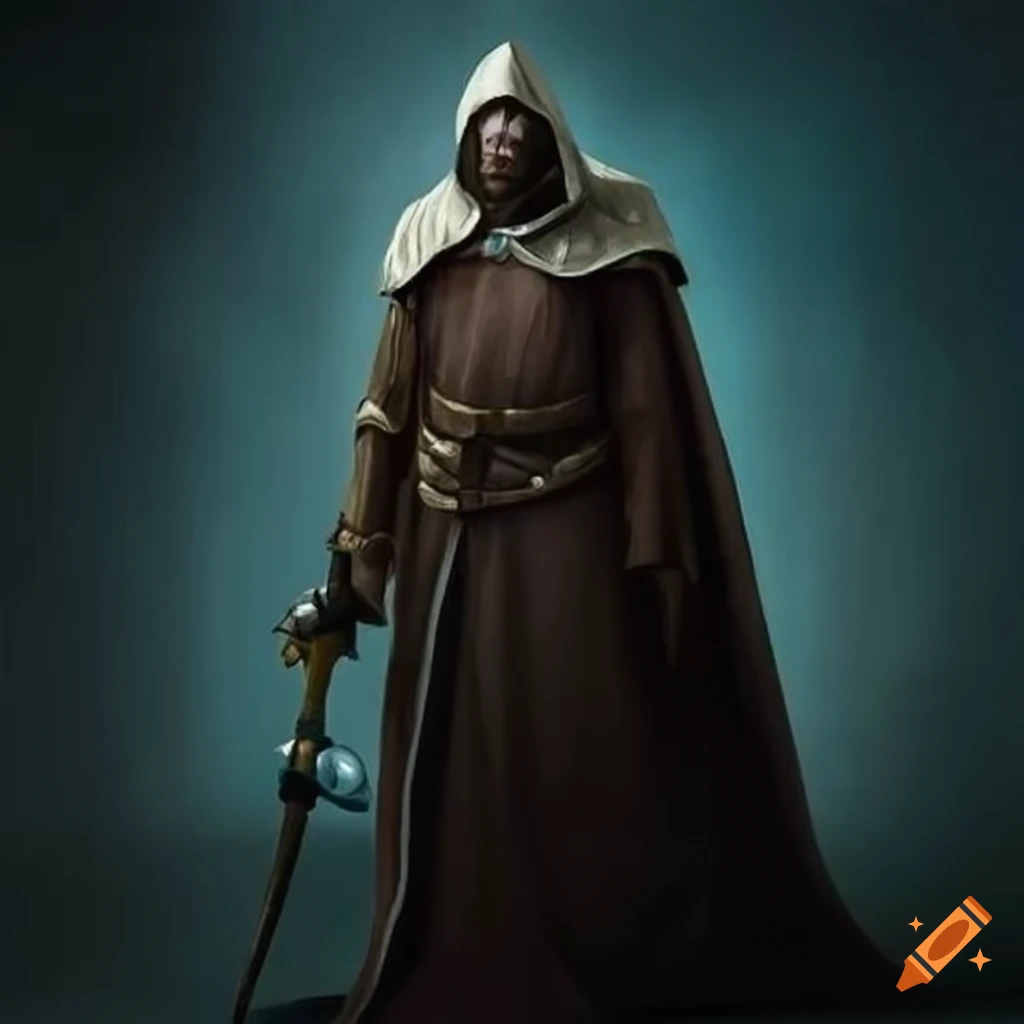 A powerful cleric warrior donning holy garments and a majestic cloak ...