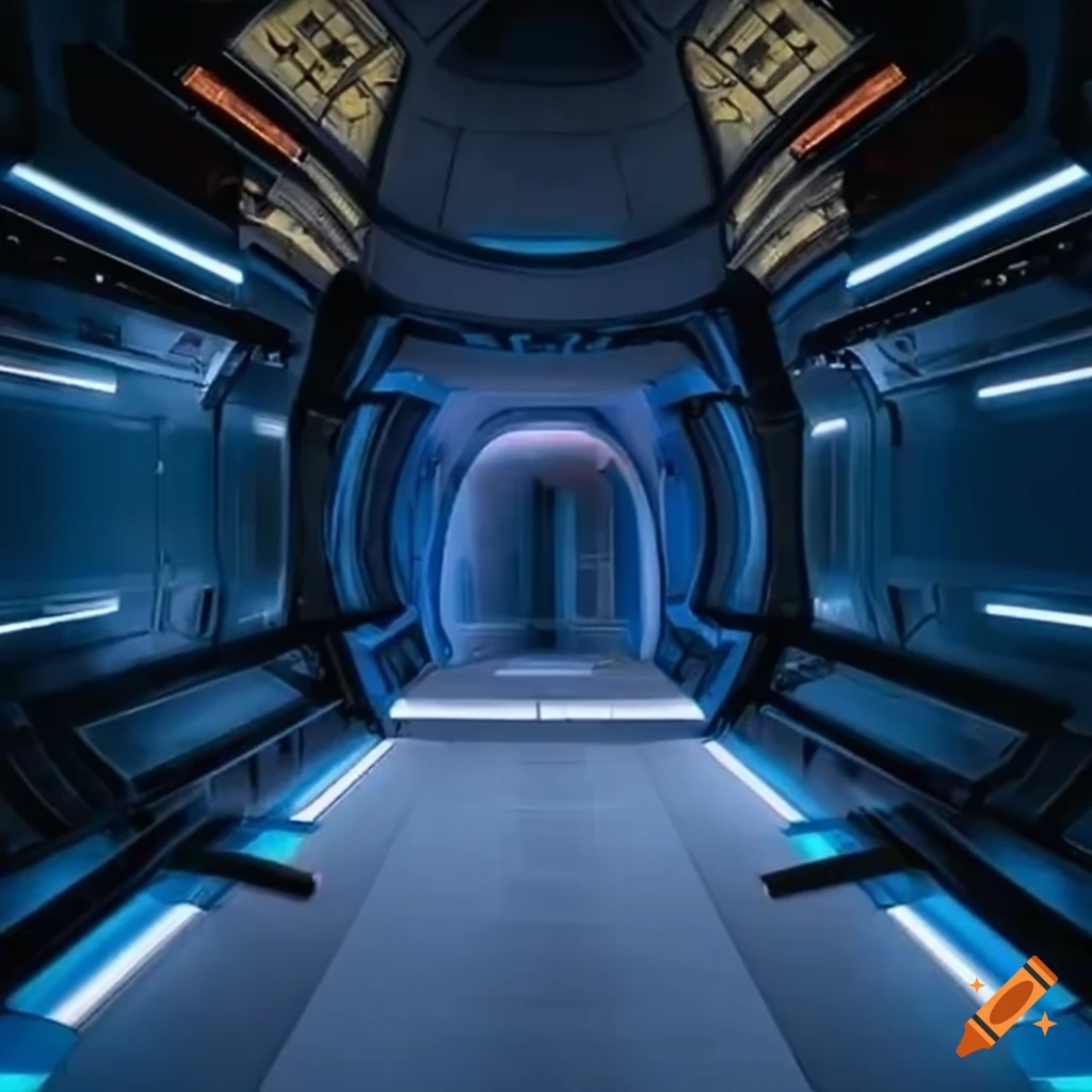 Starship interior corridor with blast door at the end