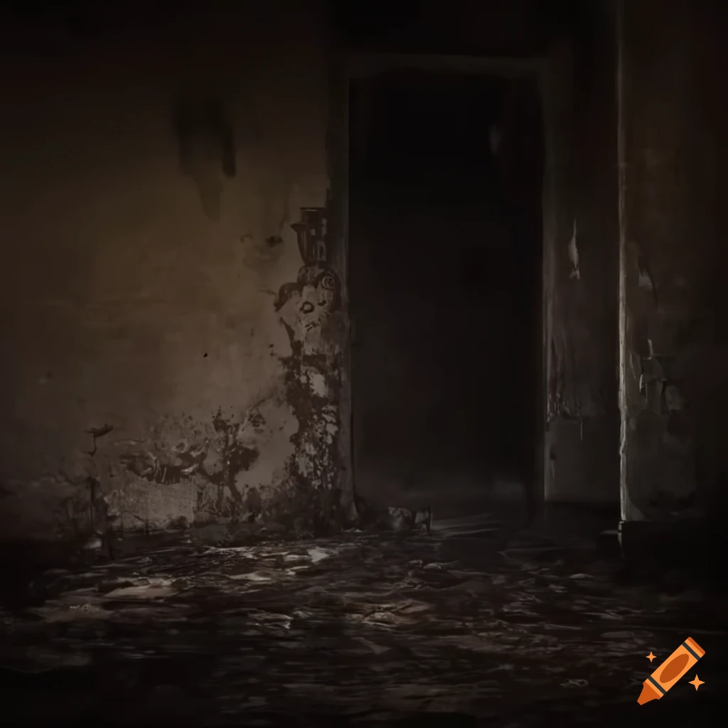 A desolate room dark with cracked walls with lighting blots on Craiyon