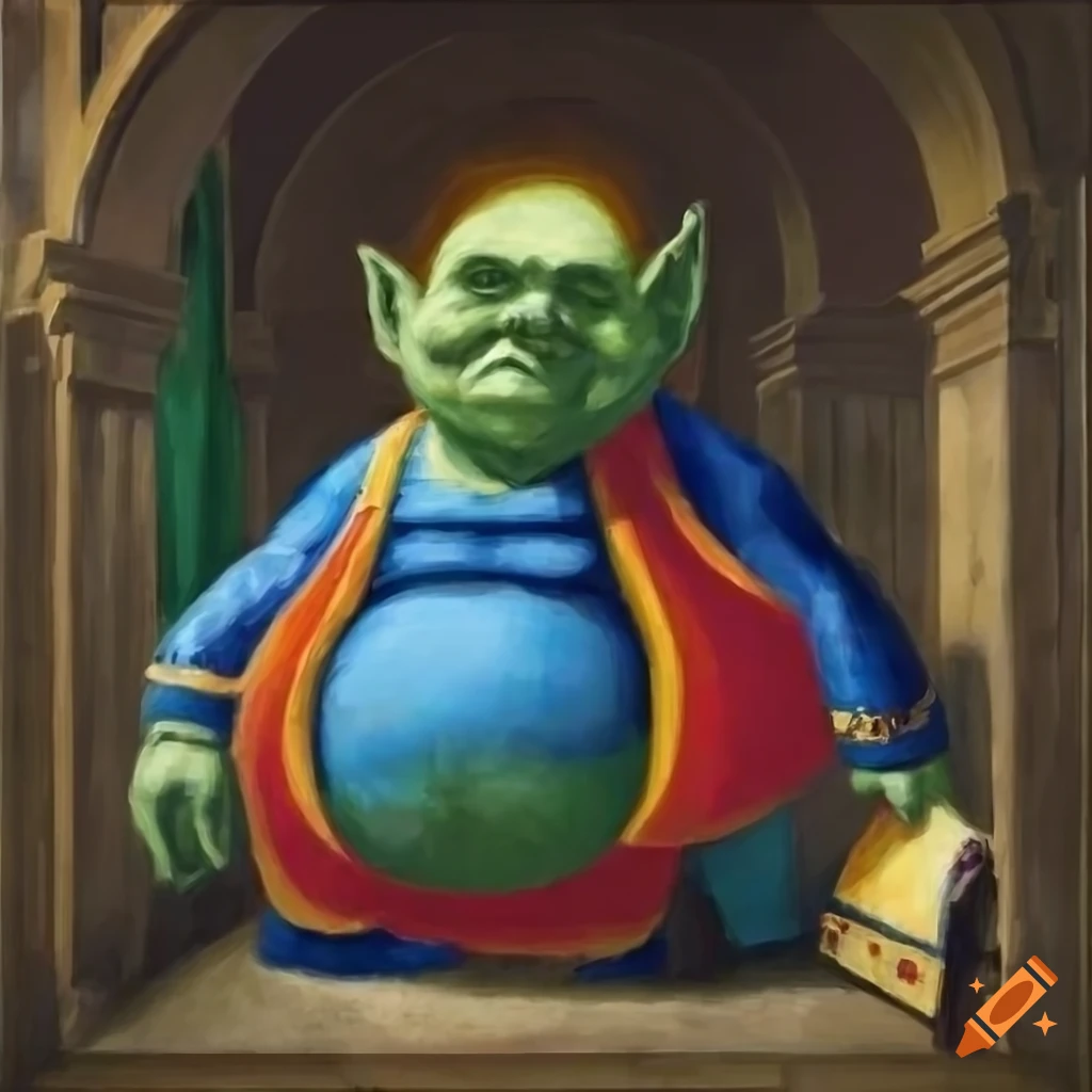 Obese troll with a huge belly wearing bright royal robes walking down a ...