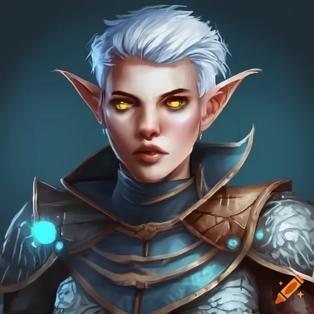 Yellow eyes half elf ranger in leather armor with short white wispy ...