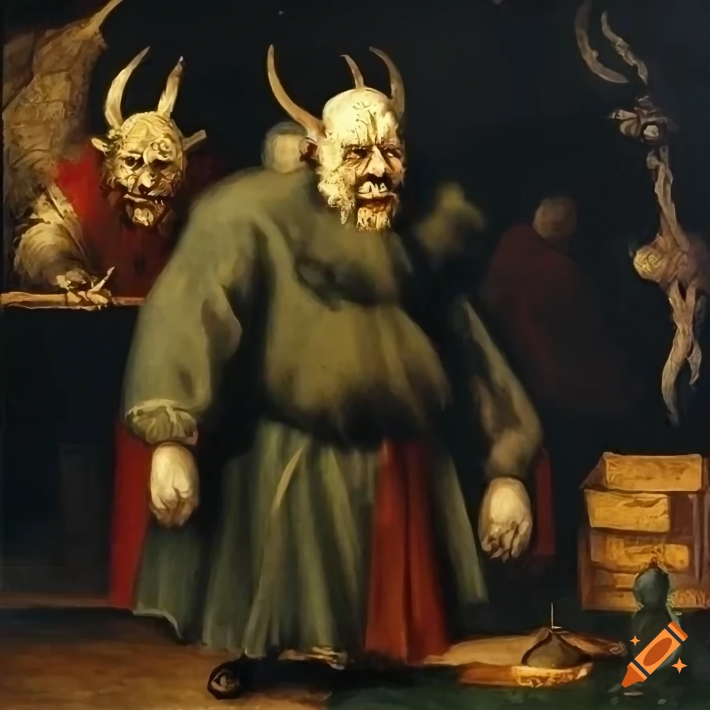 Obese krampus with a huge belly wearing peasant clothes walking through ...