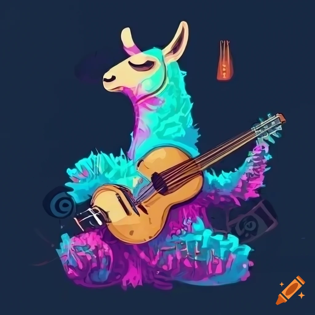 Cyberpunk style illustration of a llama playing a musical instruments ...