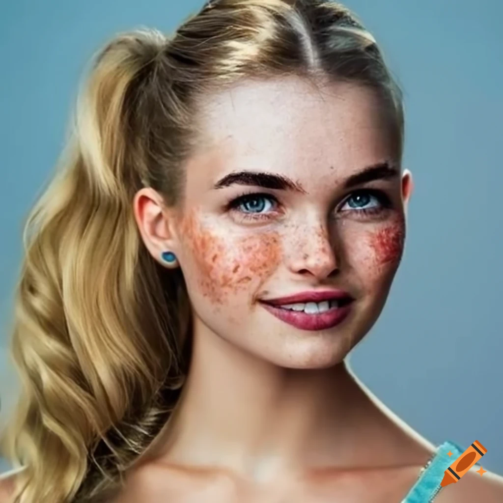 Pretty young woman delicate freckles shy smile wavy blonde hair ...