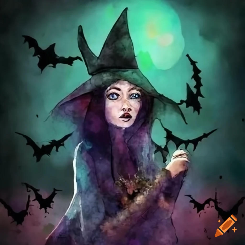 A witch surrounded by bats in a mysterious cave on Craiyon