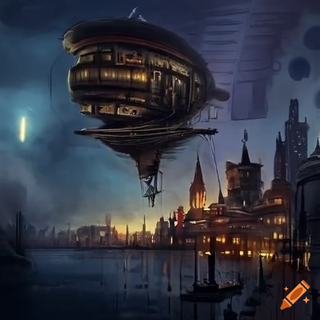 A hyper realistic steampunk city with airships at night
