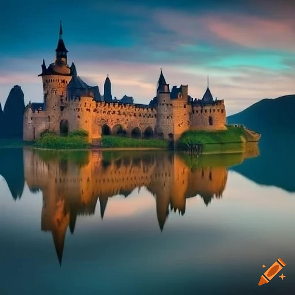 A majestic castle in a serene lake