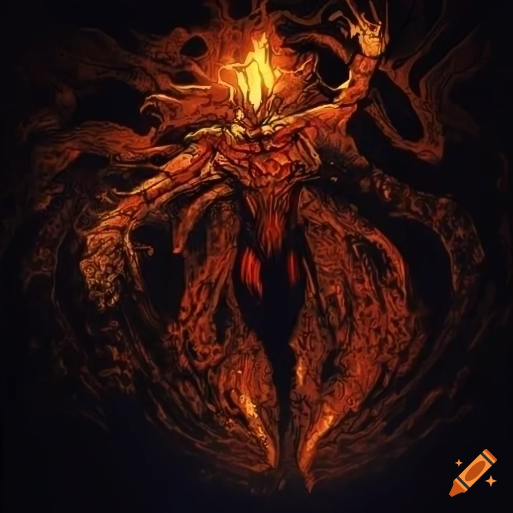 Uncolored, ink, comic book splash page of a glowing demon warrior ...