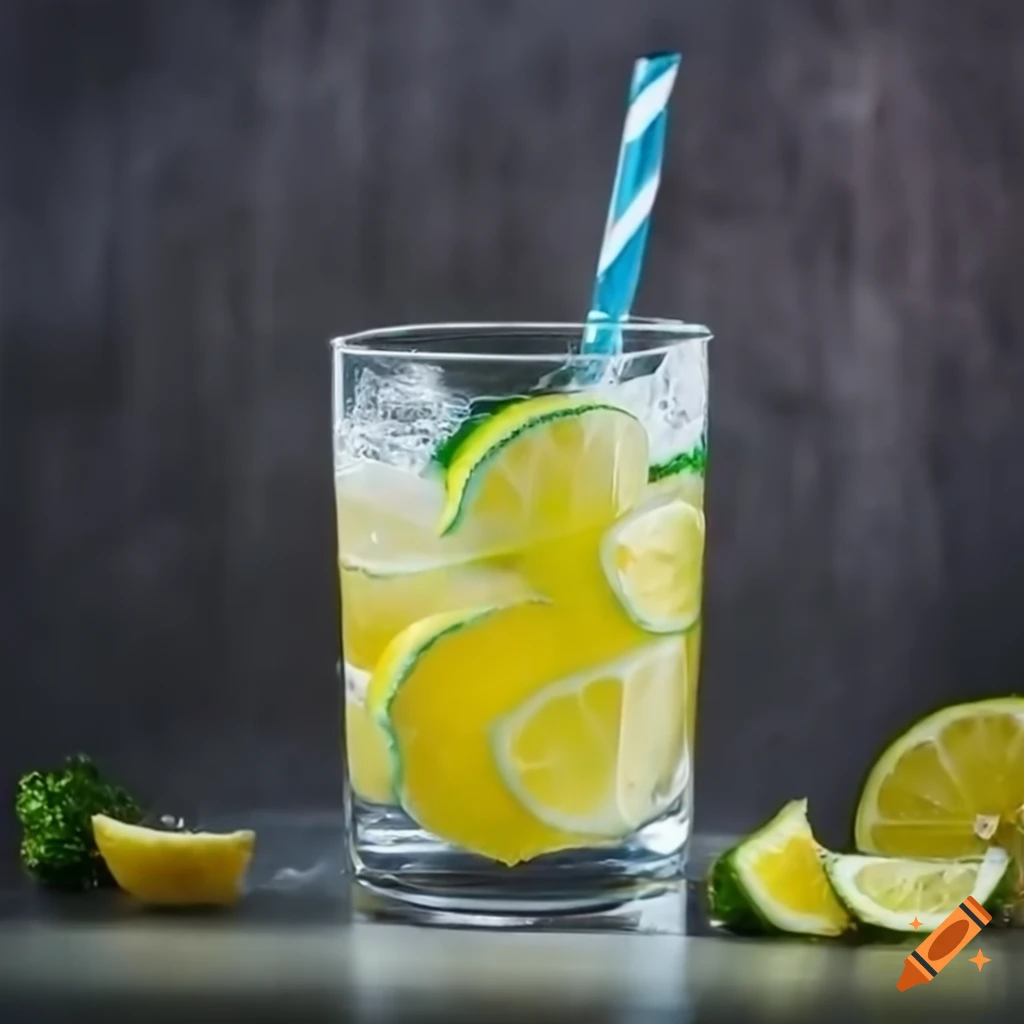 A glass of lemonade, with well detailed ice, hyper realistic ...