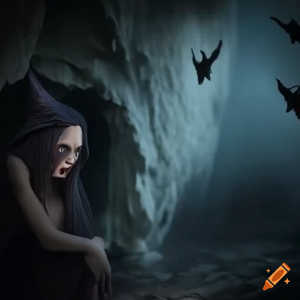 A dark witch crying in a cave with bats, realistic on Craiyon