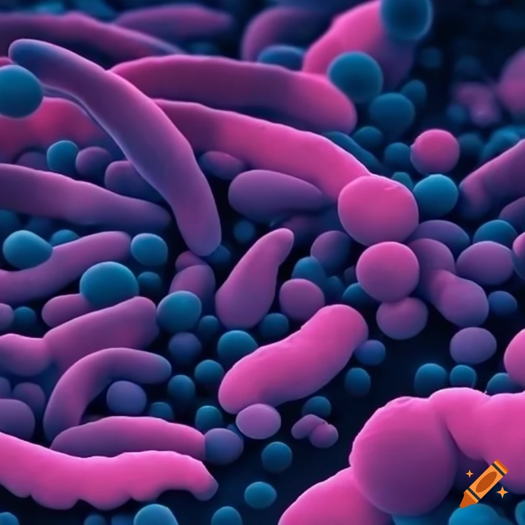 Thousands of pink and dark blue bacteria