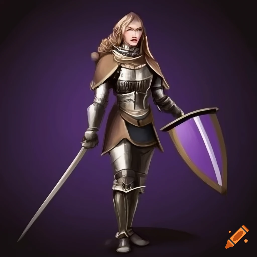 A female knight carrying a purple shield