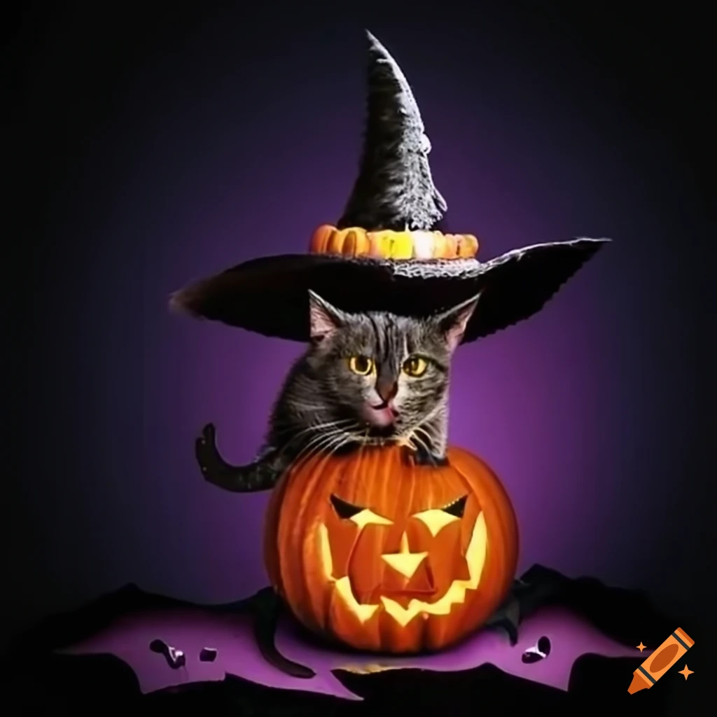Fun witch for halloween with a cat, bats flying, and pumpkins