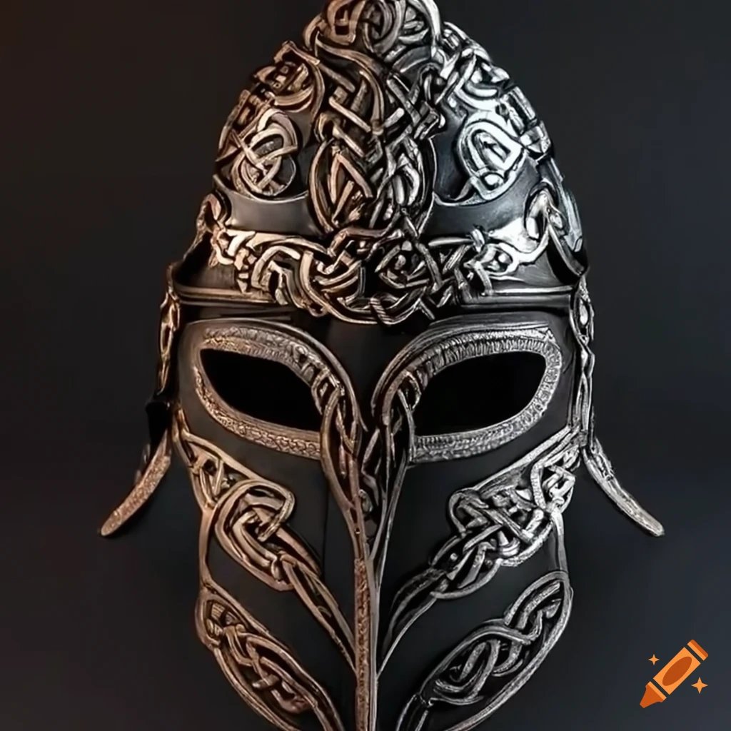 A stunning black helmet with intricate celtic knot detailing