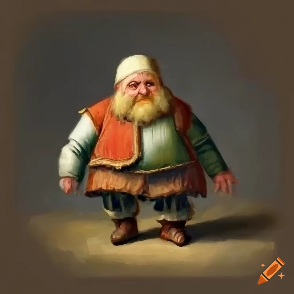 Fat dwarf wearing peasant clothes walking through a bright medieval ...