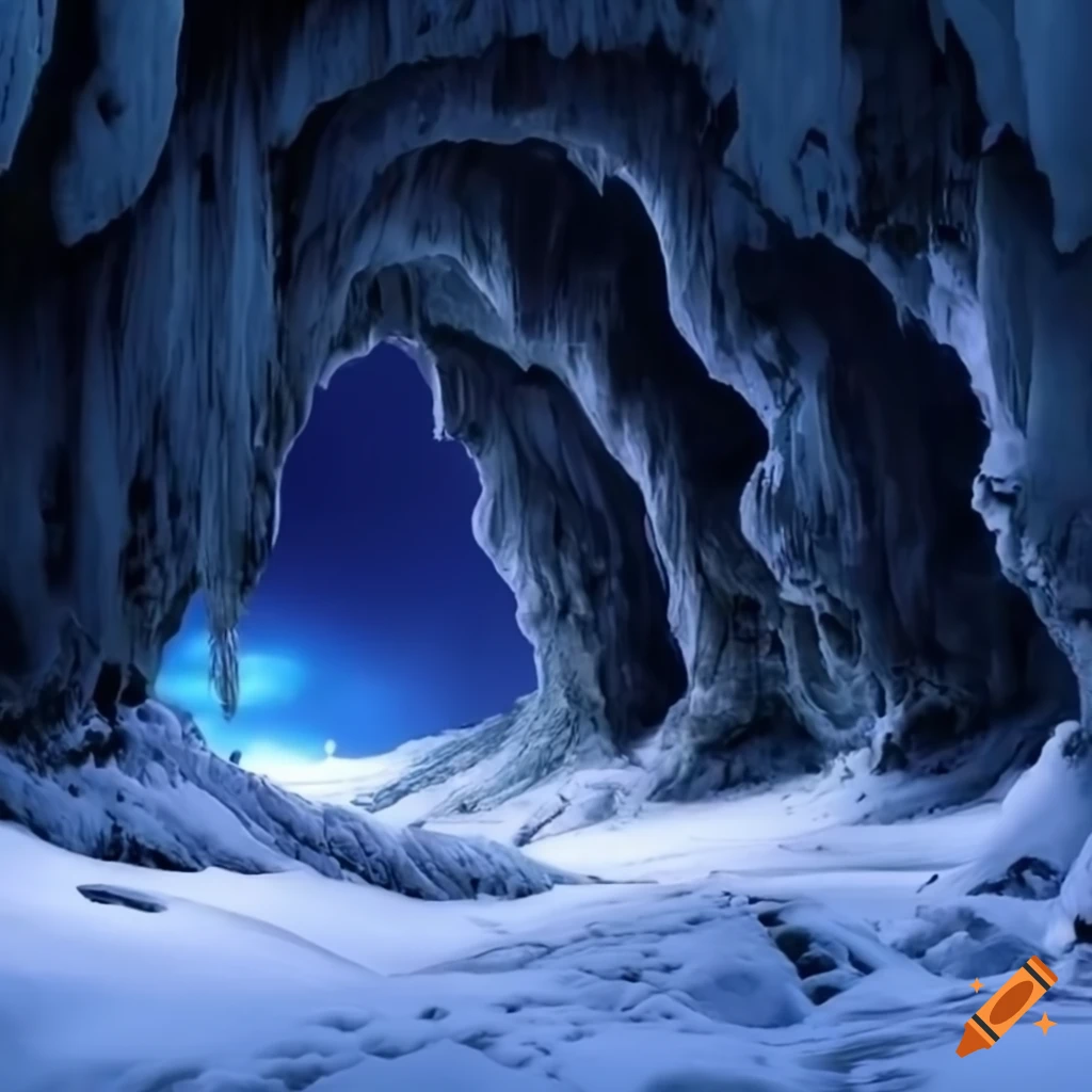 Snowy landscape and cave
