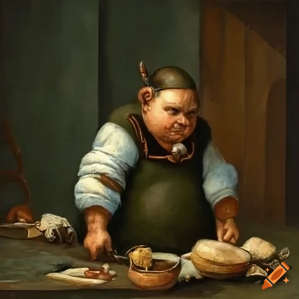 Obese halfling with a huge belly wearing peasant clothes walking ...