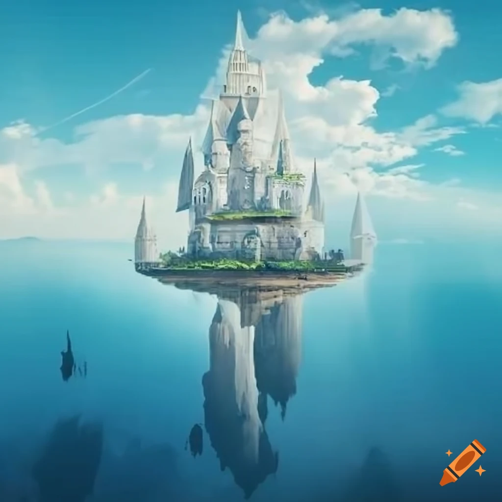 Massive citadel on a floating island in the sky, fantasy, white marble ...