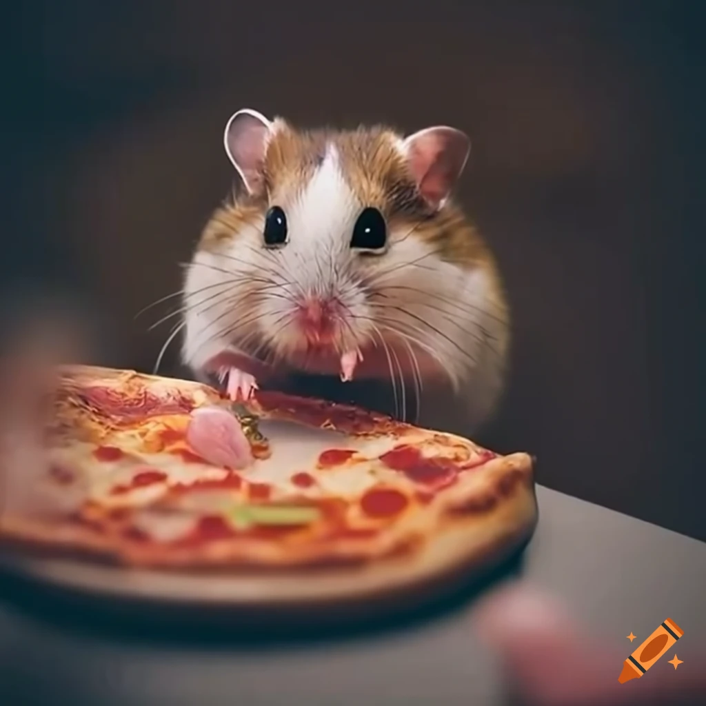Hamster using cutlery to eat a pizza at a restaurant on Craiyon