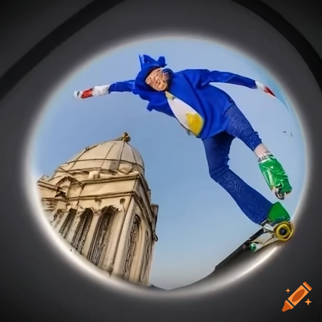 Pope francis skateboarding dressed as sonic fish eye lens on Craiyon