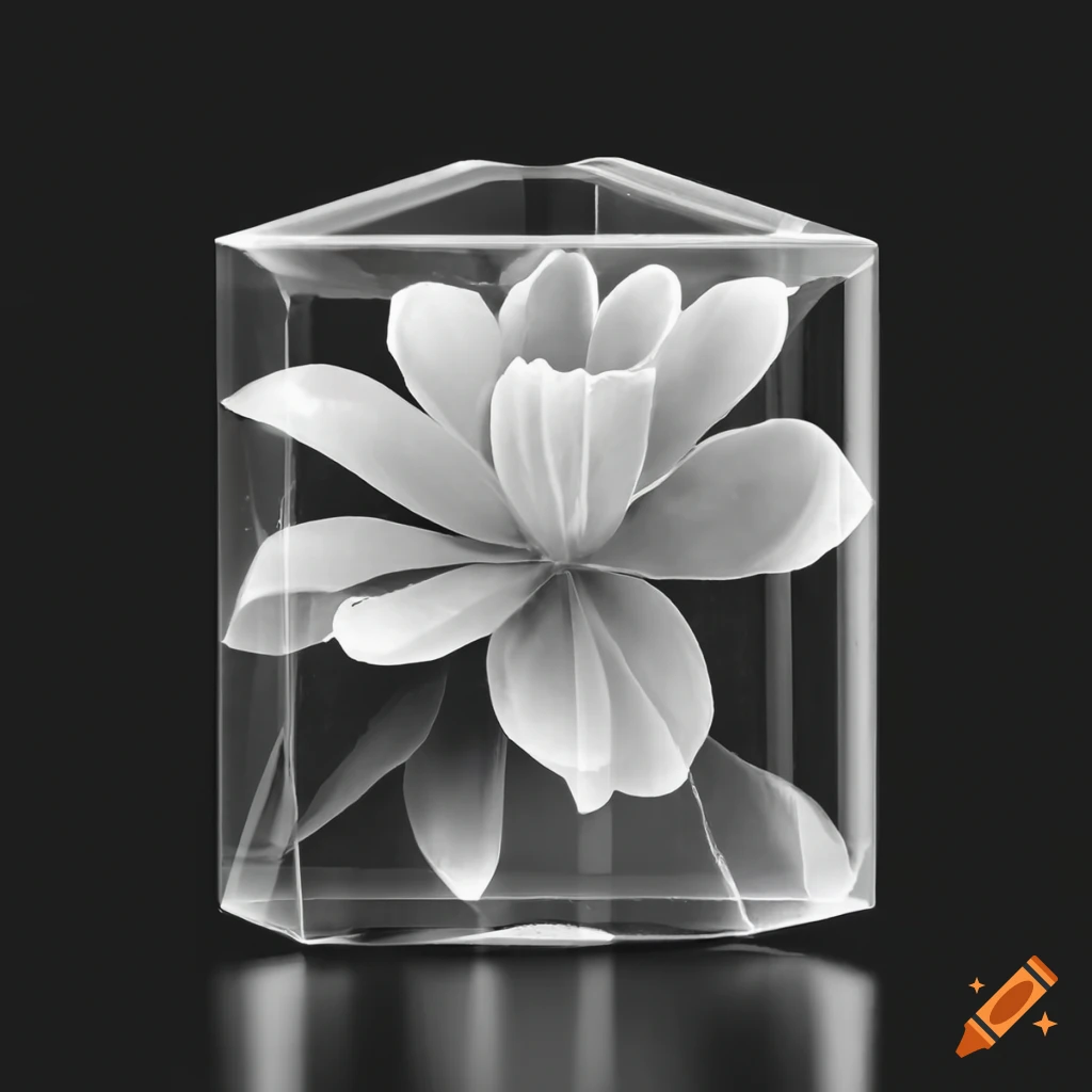 Graph drawing flower in cube resin black white bright