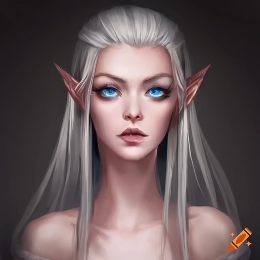 Woman high elf long hair pale skin big blue eyes art style 8d