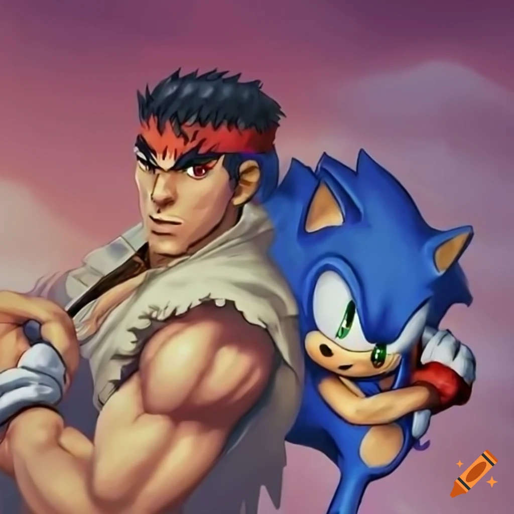 Ryu and Sonic, Ryu from Street Fighter fighting Sonic the Hedgehog on Craiyon