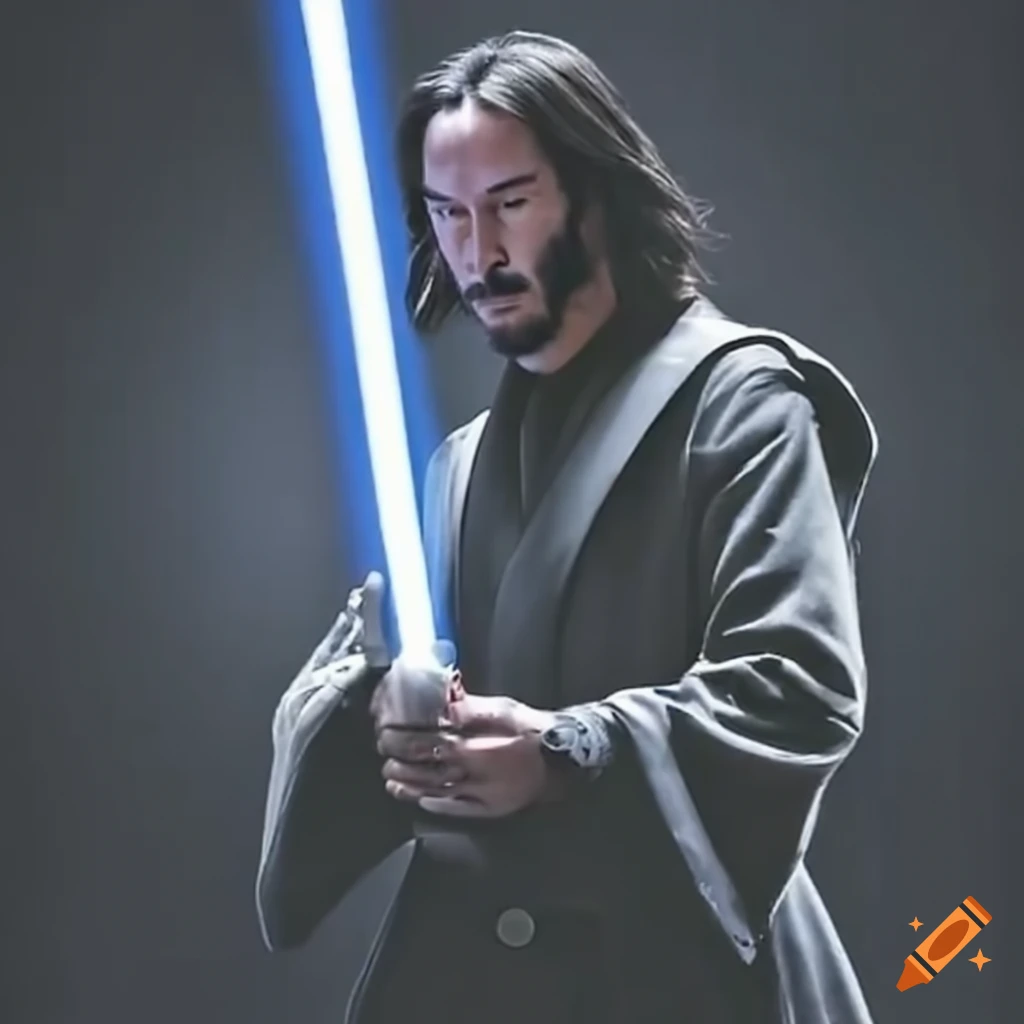 Keanu reeves wielding a lightsaber in a jedi robe
