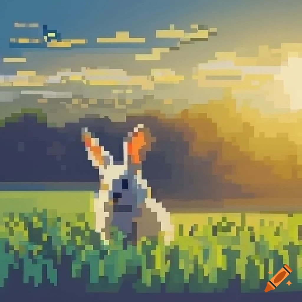 A cute bunny, pixel art, golden hour, field on Craiyon