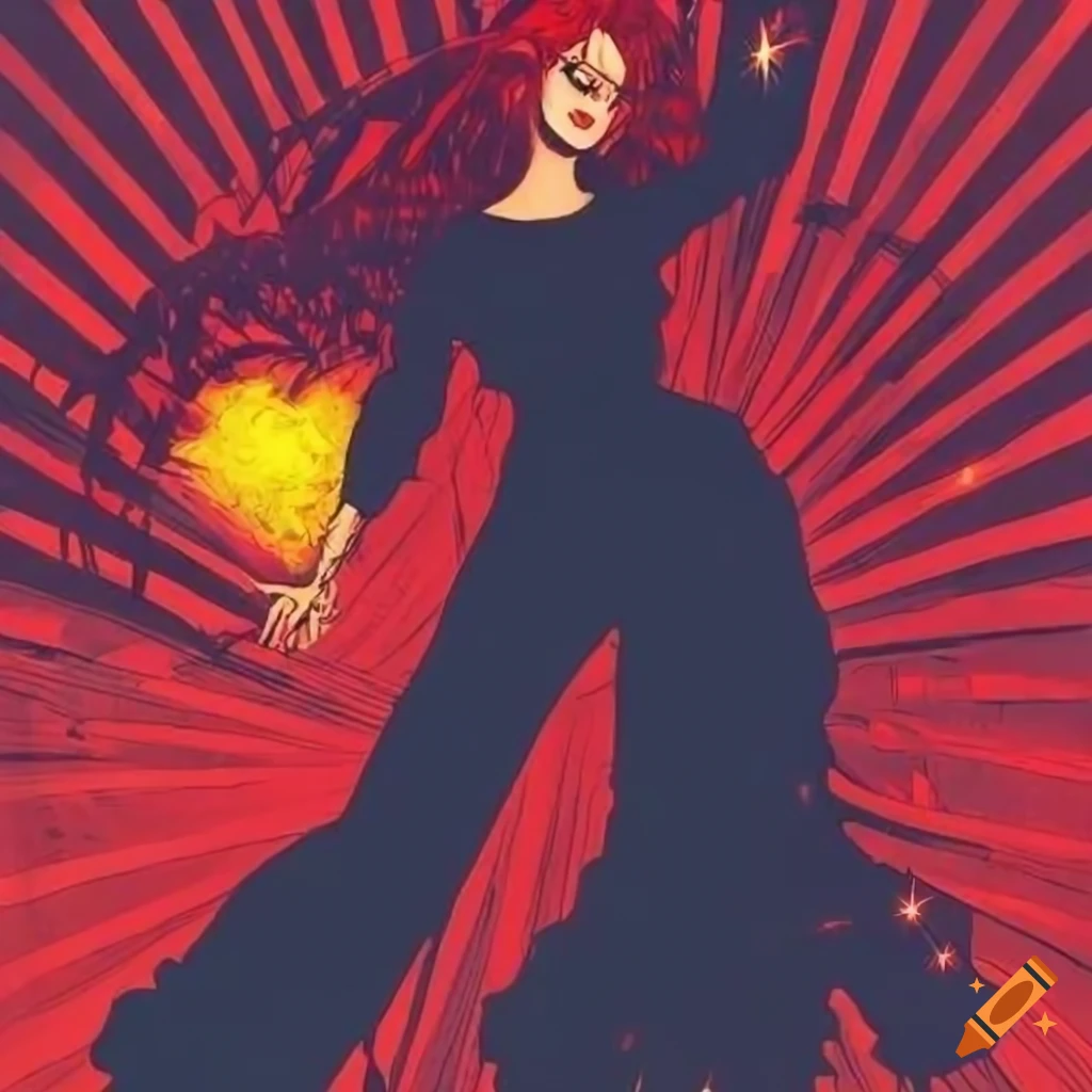 80s ethnic manga comics, modern illustration, dynamic long red haired ...