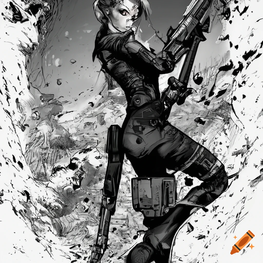 Black and white comic book splash page of a female, soldier carrying a ...