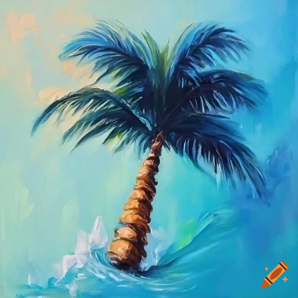 A palm tree oil painting that is nostalgic and uses the color blue on ...