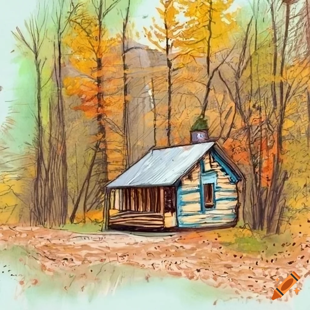 Coloured Sketch Of A Tiny Cabin In Vermont At Fall