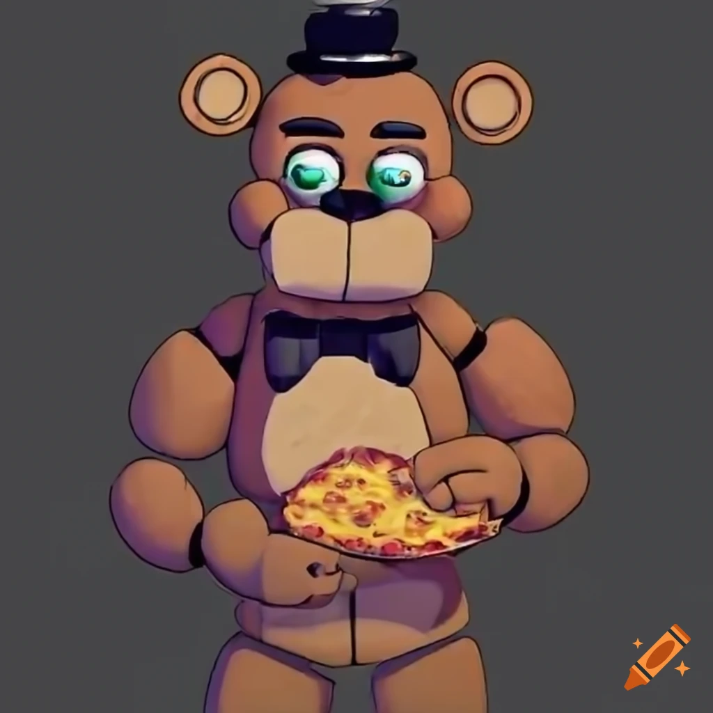Freddy from fnaf one holding a slice of pizza in his hand