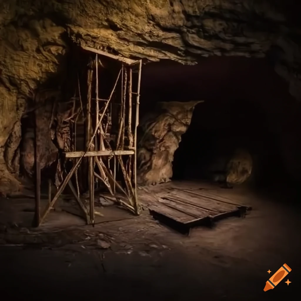 Mysterious cave with a wooden scaffolding in the center of the image on ...