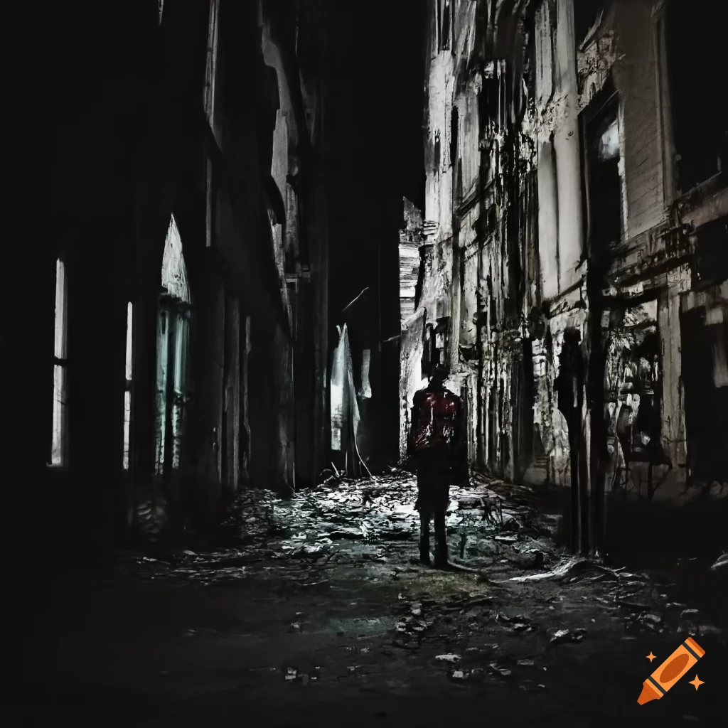 Abandoned city, night, creepy on Craiyon