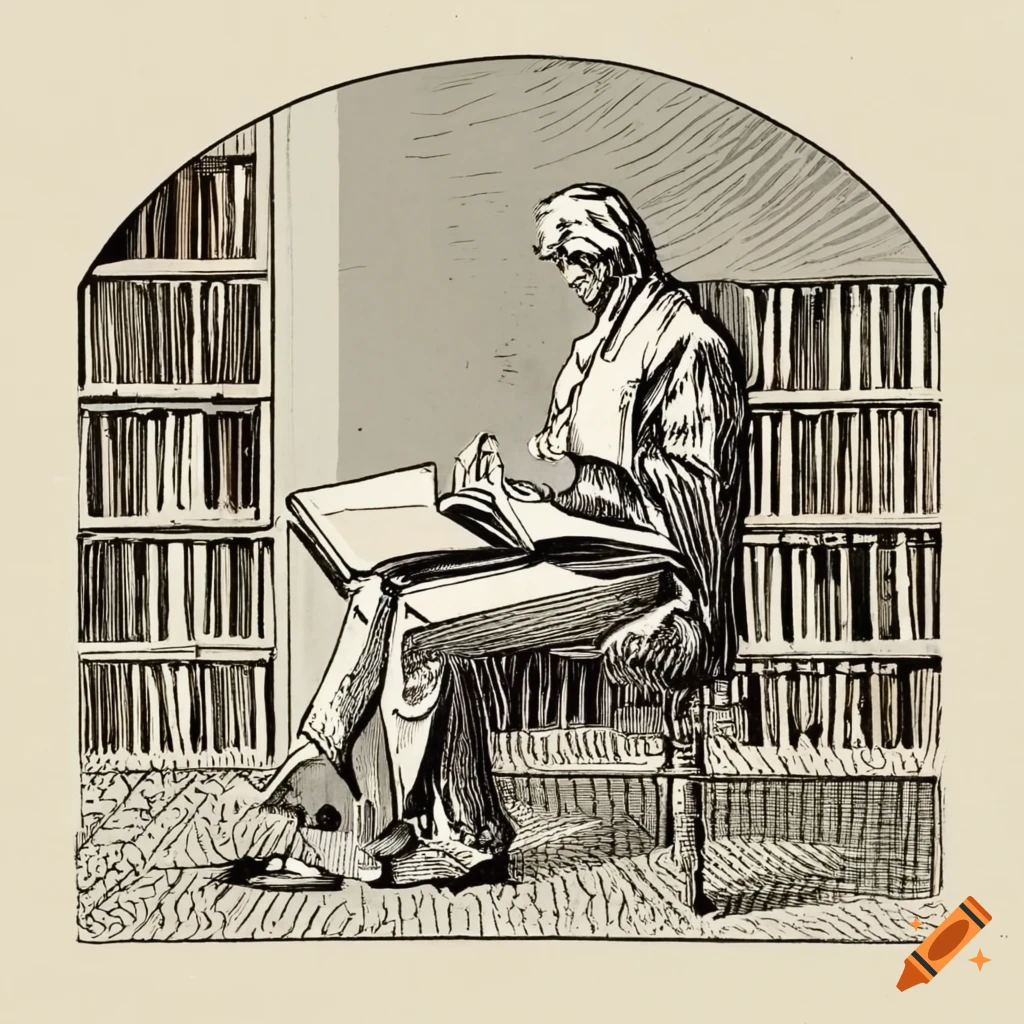 A man reading an old book, with a candelabra, in a library