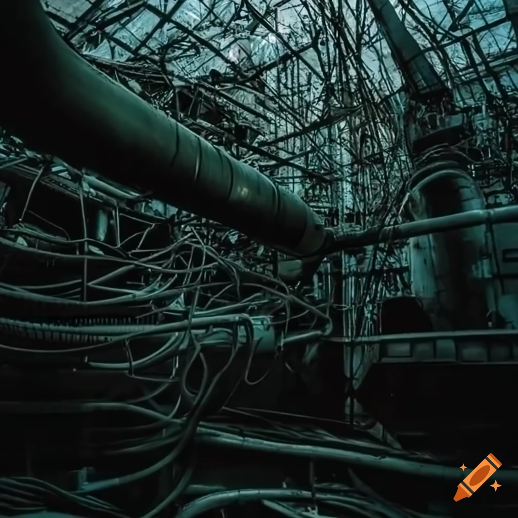 Complex network of wires and pipes in an abandoned industrial setting ...