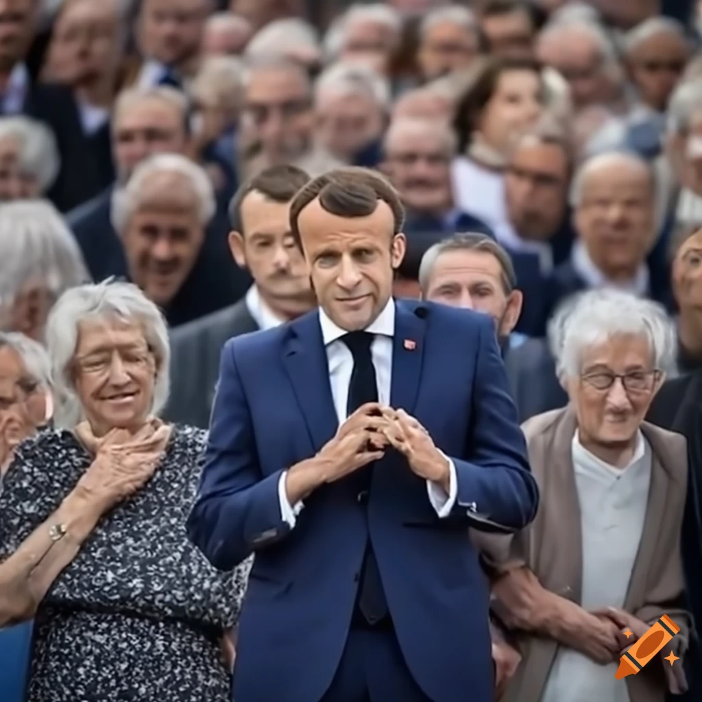 Emmanuel macron making a speech in front of a crowd of old people