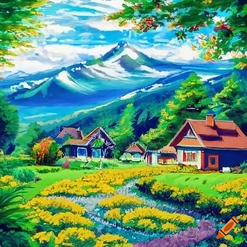 Anime artstyle, cozy countryside house, with a stone path leading up to ...