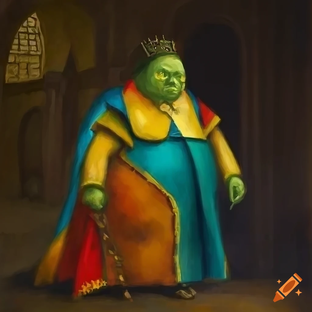 Obese troll with a huge belly wearing bright royal robes walking down a ...
