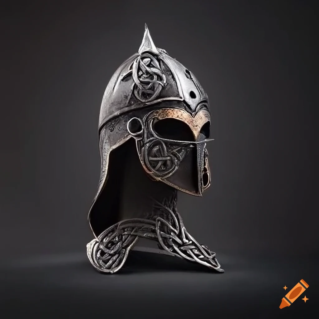 A stunning black helmet with intricate celtic knot detailing