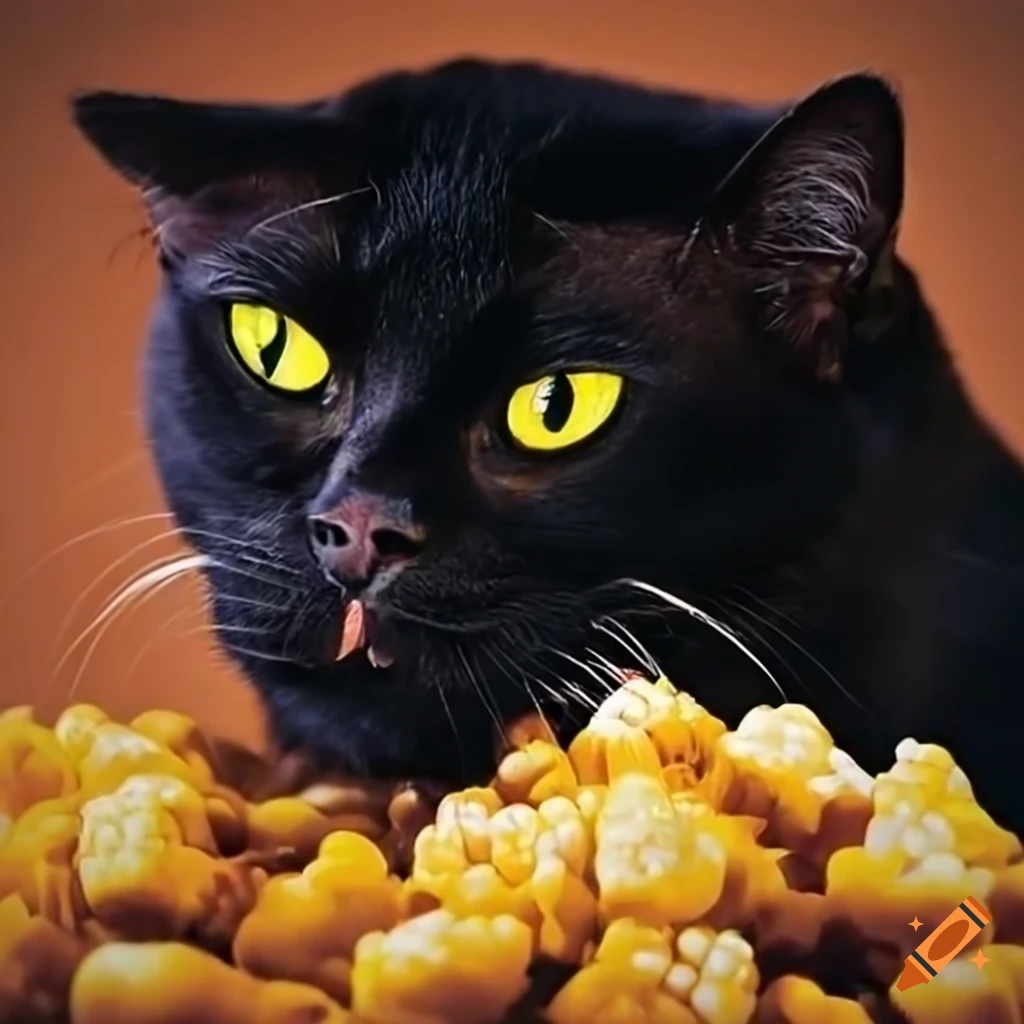 A black cat with yellow eyes eating pop corn