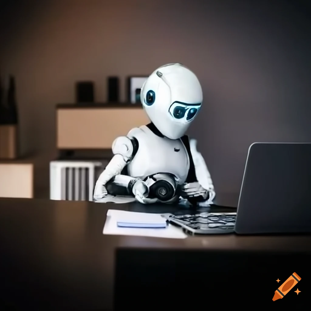 Robot typing on a laptop in a gloomy office