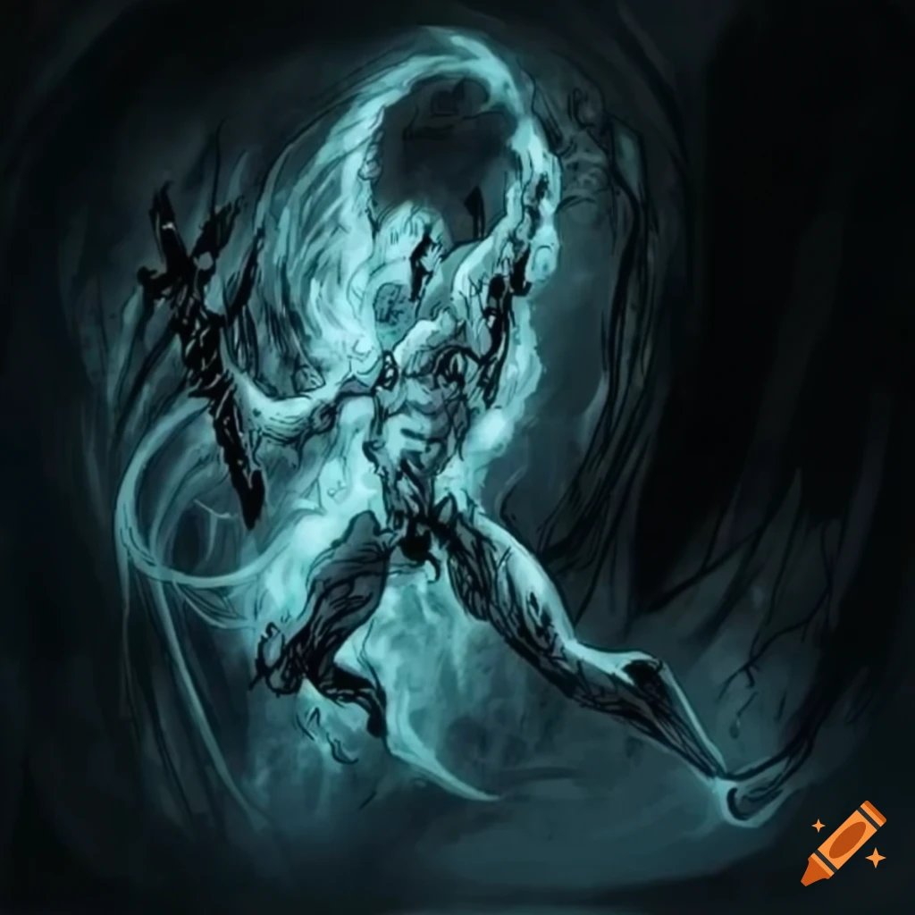 Comic book splash page of a glowing demon warrior flying through a swirling mist on Craiyon