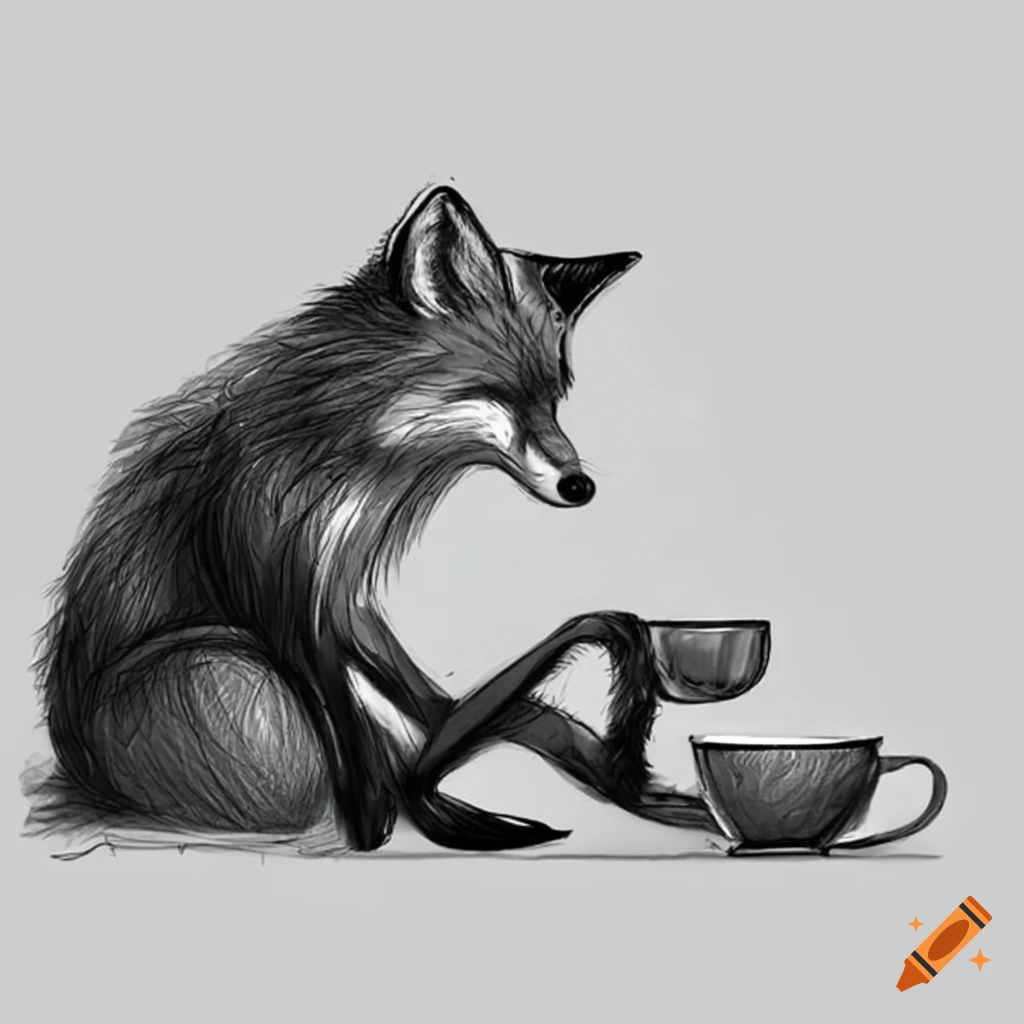 Sleepy fox drinking tea